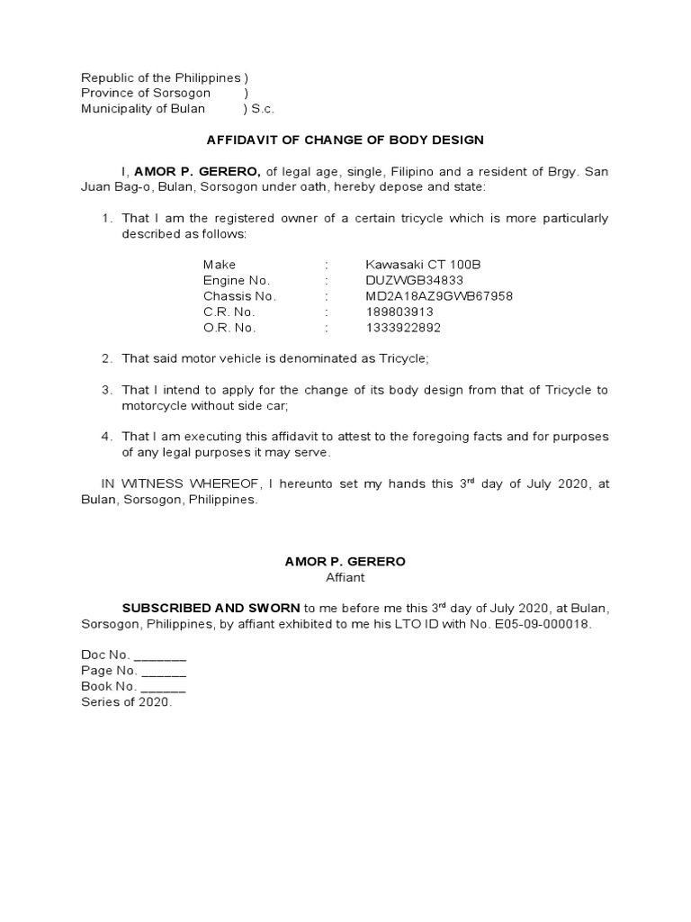 Affidavit of Change of Body Design | PDF