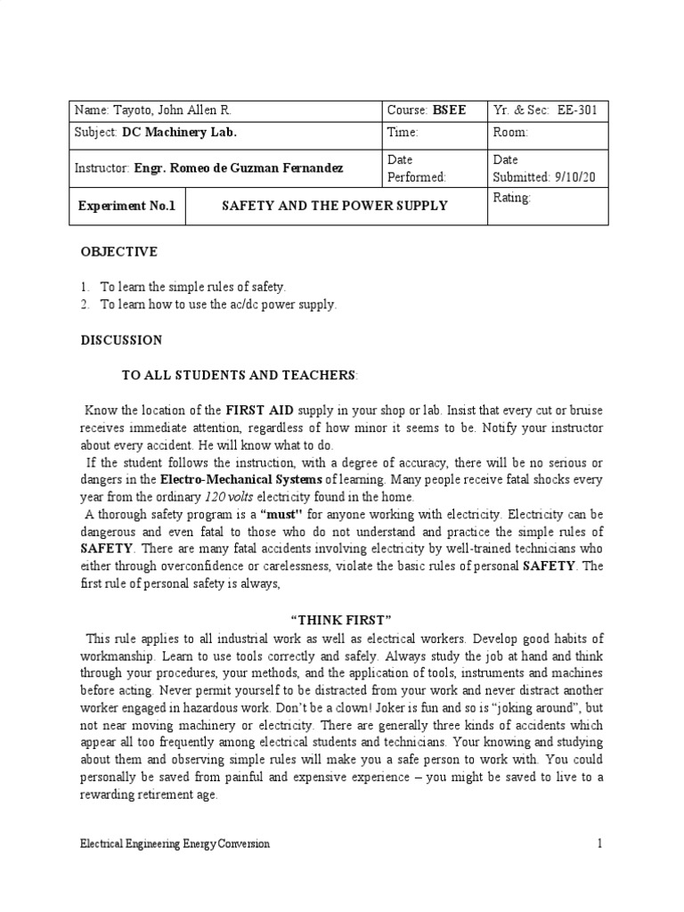 Safety Procedures and Operation of Power Supplies for DC Machinery ...