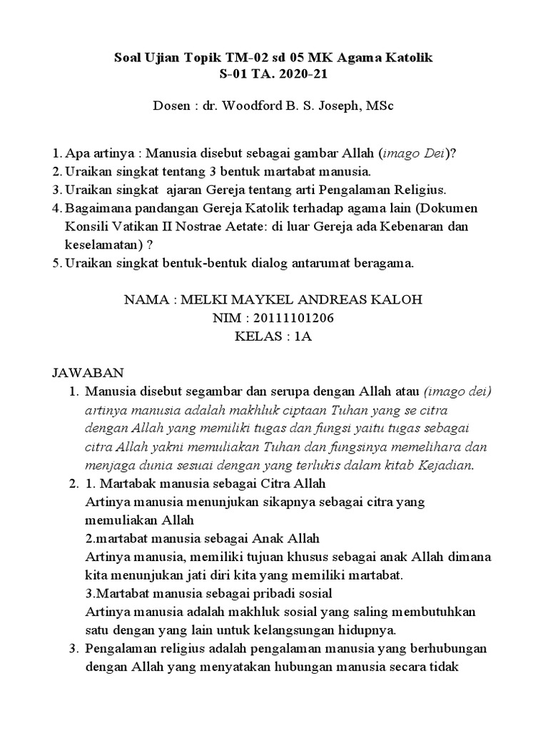 MELKI M.A KALOH Soal Ujian Topik TM-02 SD 05 MK Agama Katolik | PDF