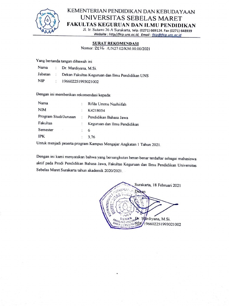 Surat Rekomendasi Dekan Kampus Merdeka | PDF