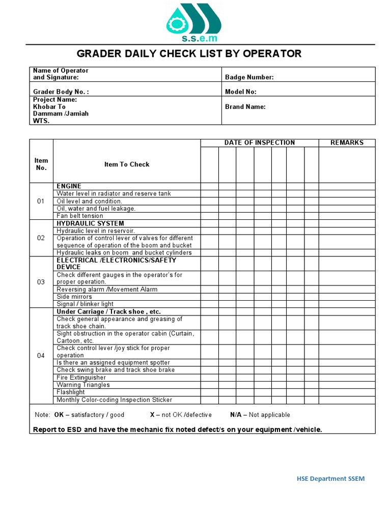 Grader Daily Inspection Checklist | PDF | Business | Computers