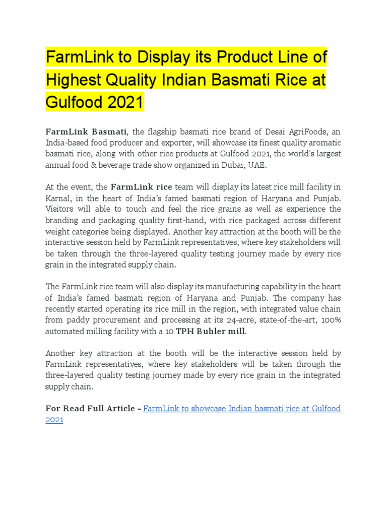 FarmLink To Display Its Product Line of Highest Quality Indian Basmati Rice | PDF | Cooking ...