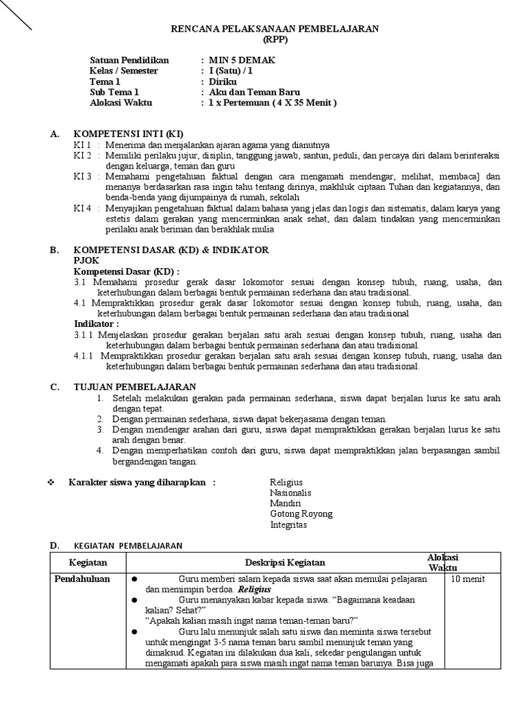 RPP Kelas 1 Semester 1 | PDF