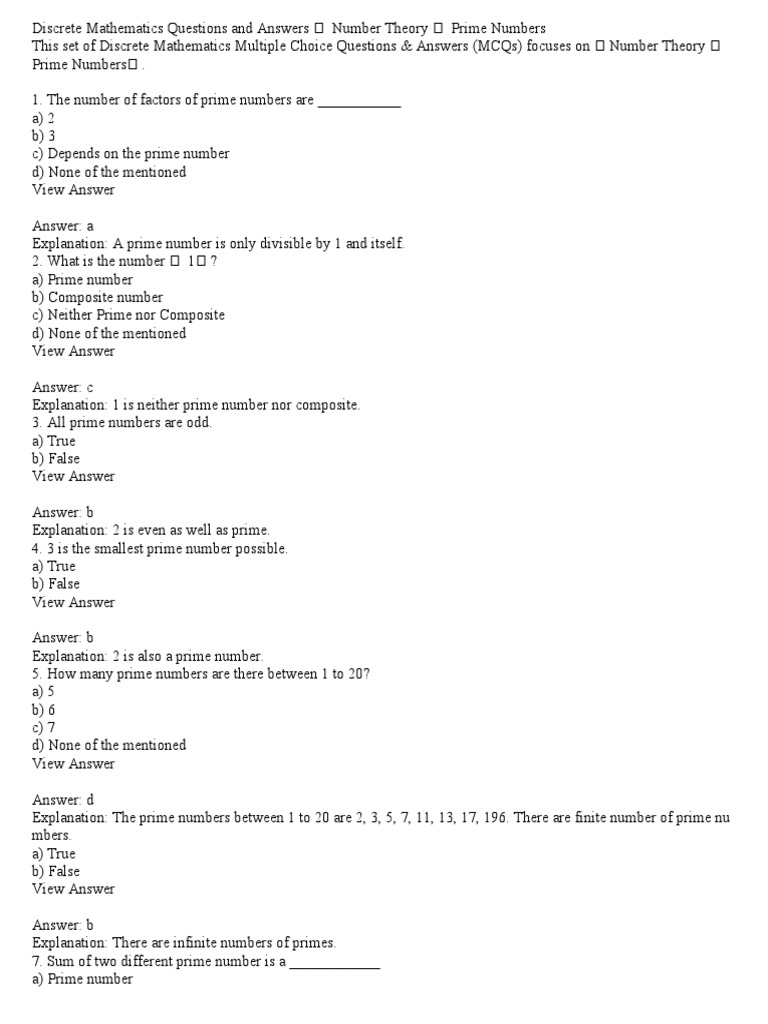 Discrete Math Prime Number MCQs | PDF