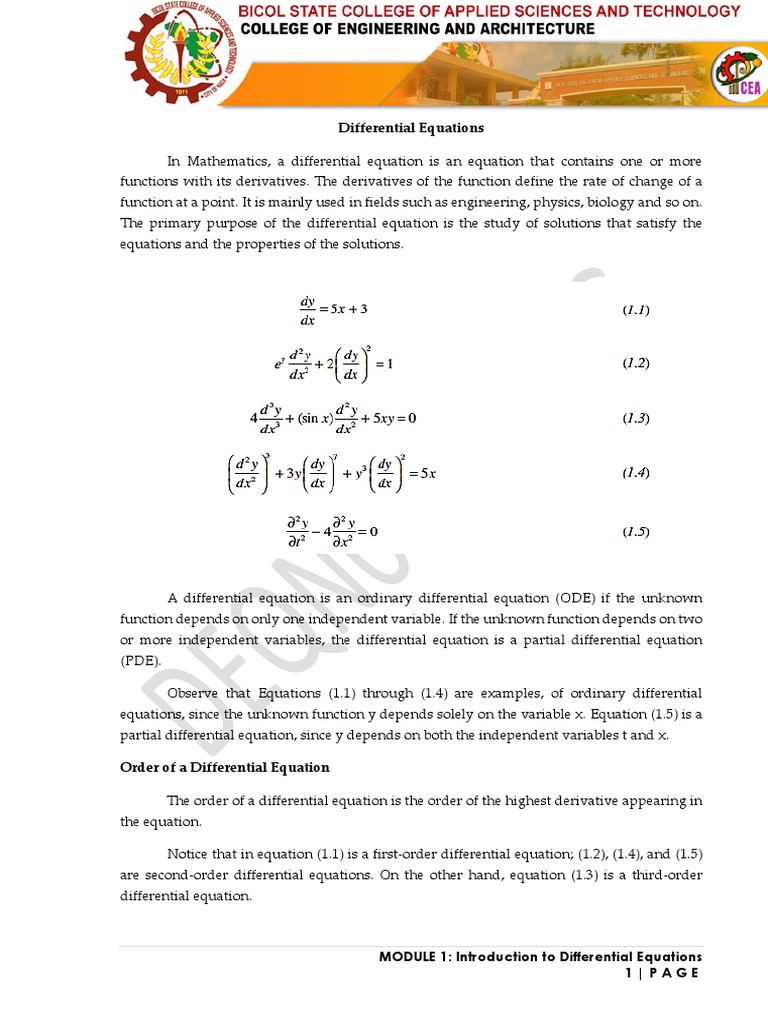 MODULE 1 - Introduction To Differential Equations | PDF