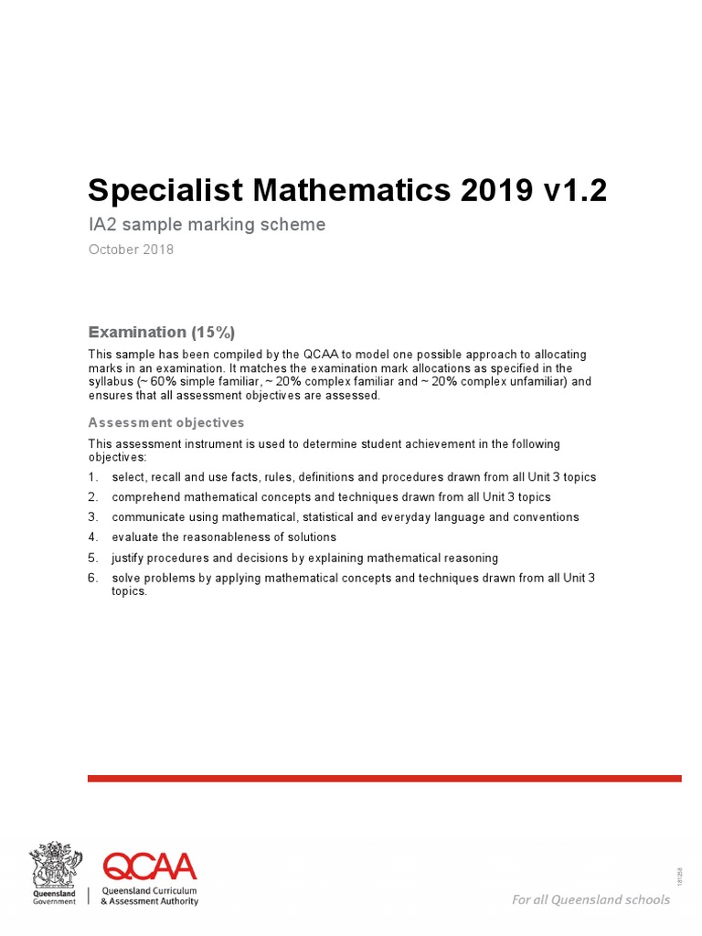 Specialist Mathematics 2019 v1.2: IA2 Sample Marking Scheme | PDF ...