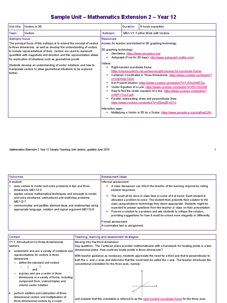 Mathematics Extension 2 Year 12 Sample Unit Vectors | PDF | Euclidean ...