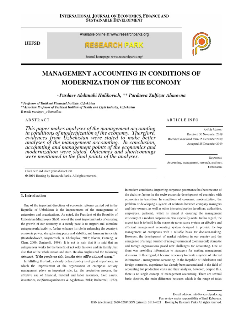 Management Accounting in Conditions of Modernization of The Economy ...