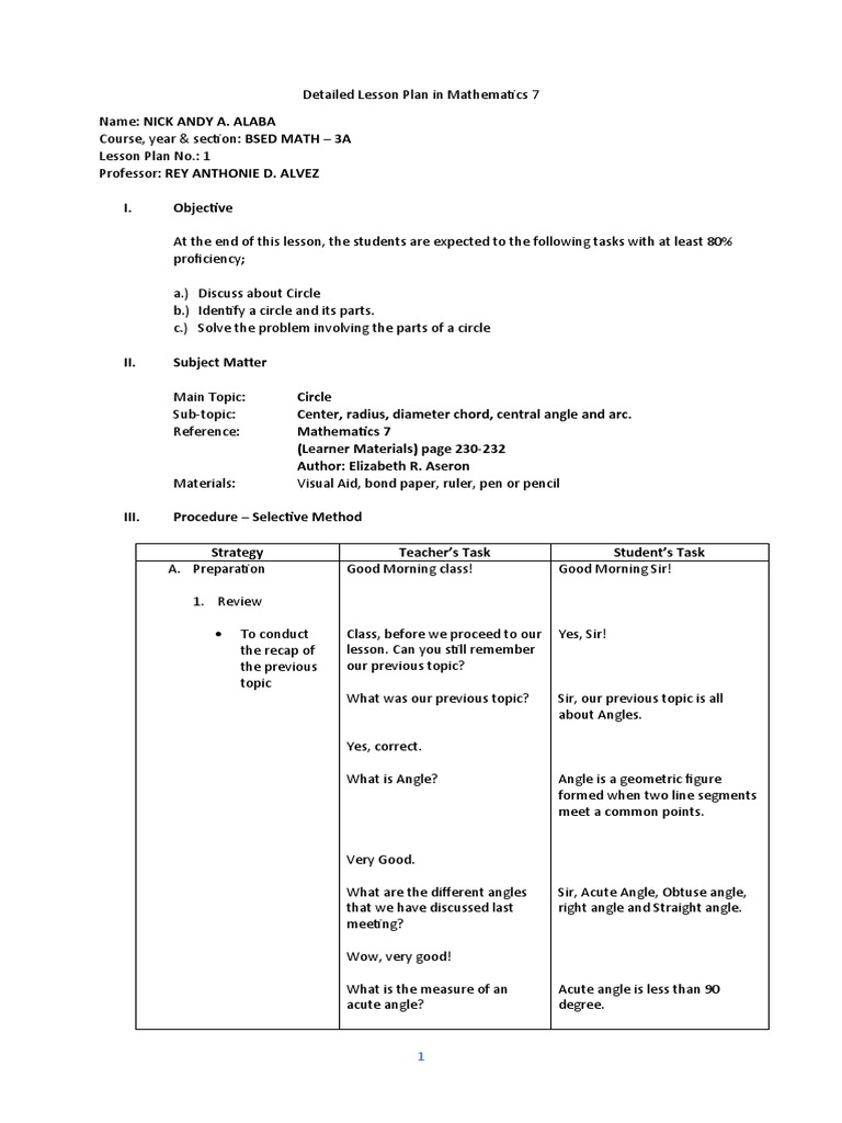 Detailed Lesson Plan in Mathematics 7 | Download Free PDF | Circle | Angle