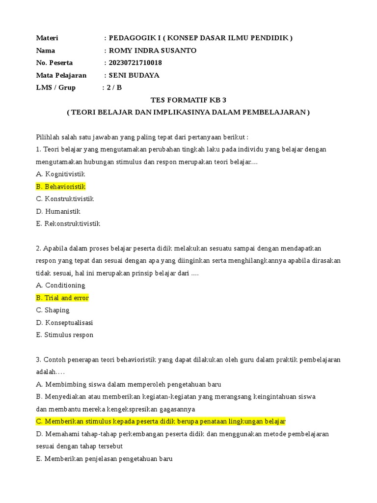 Tes Formatif KB 3 Pedagogik I: Konsep Dasar Ilmu Pendidik (Romy Indra ...