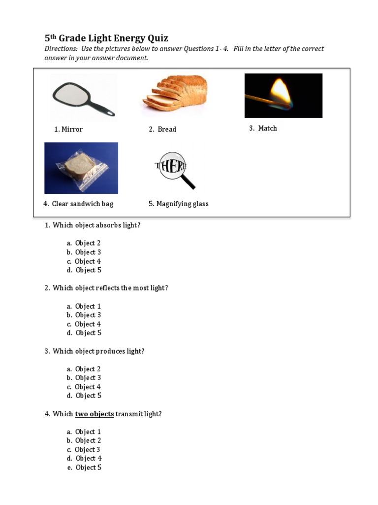 5 Grade Light Energy Quiz | PDF | Light | Mirror
