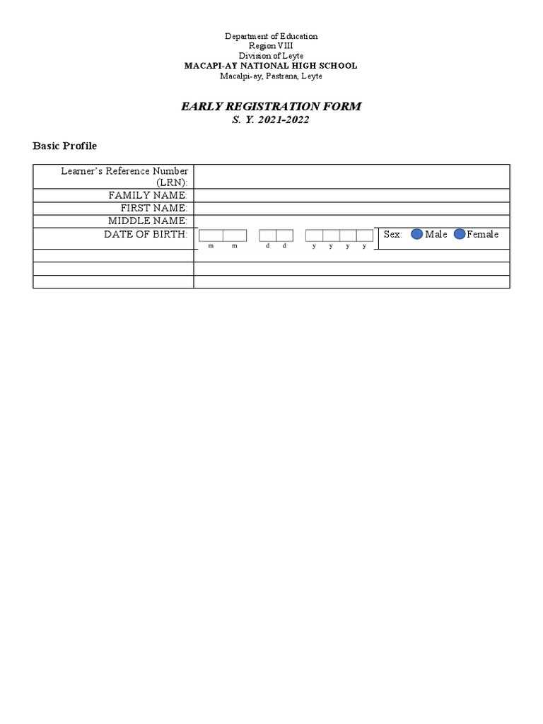 Early Registration Form 2021-2022 | PDF
