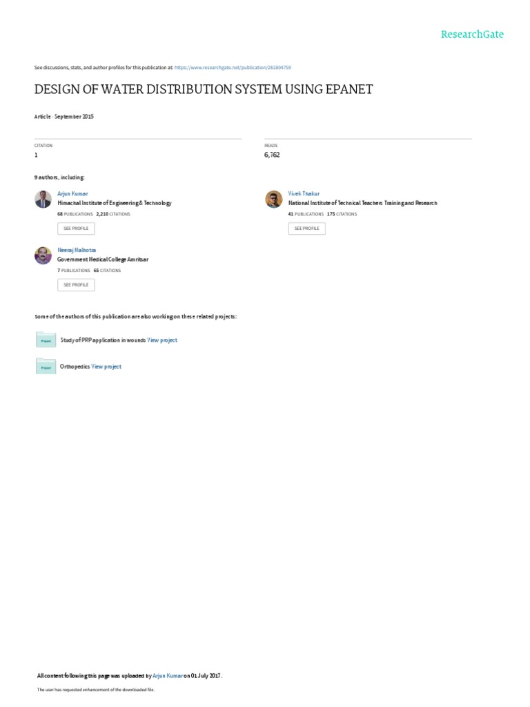 Design of Water Distribution System Using Epanet: September 2015 | PDF ...