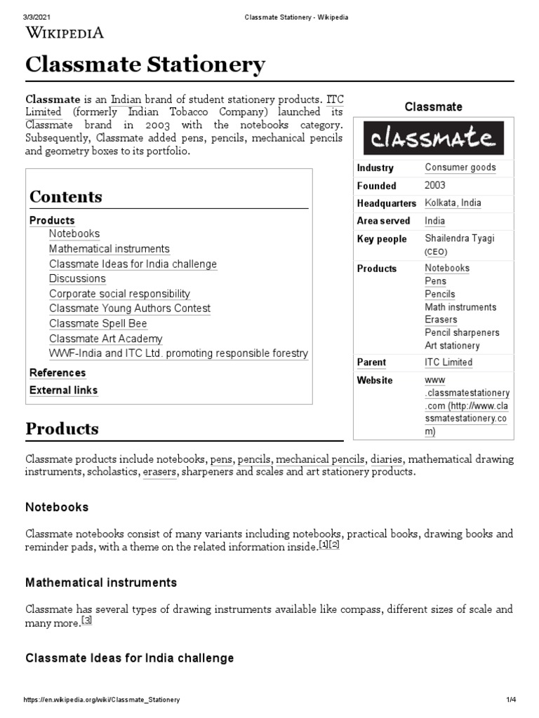 Classmate Stationery - Wikipedia | PDF | Business