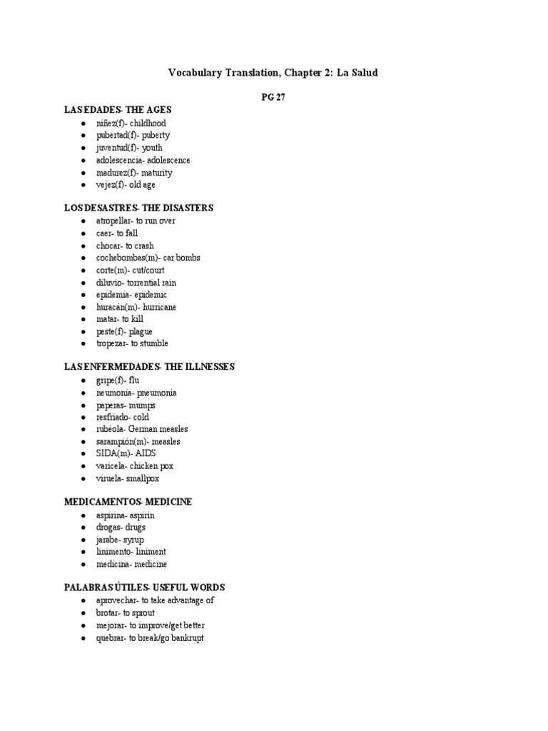 Vocabulary Translation, Chapter 2 La Salud | Download Free PDF | Public ...