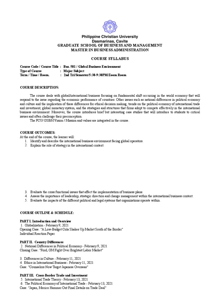 MBA Global Business Environment Syllabus | PDF | Globalization | Economies