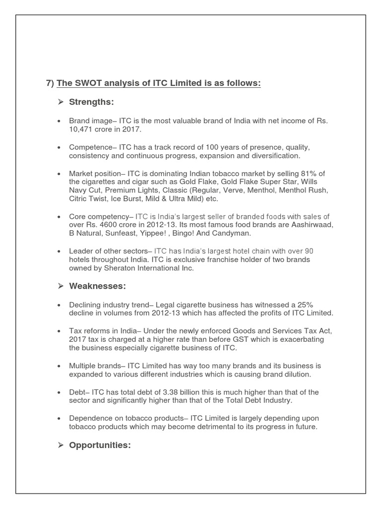 7) The SWOT Analysis of ITC Limited Is As Follows:: Strengths | PDF ...