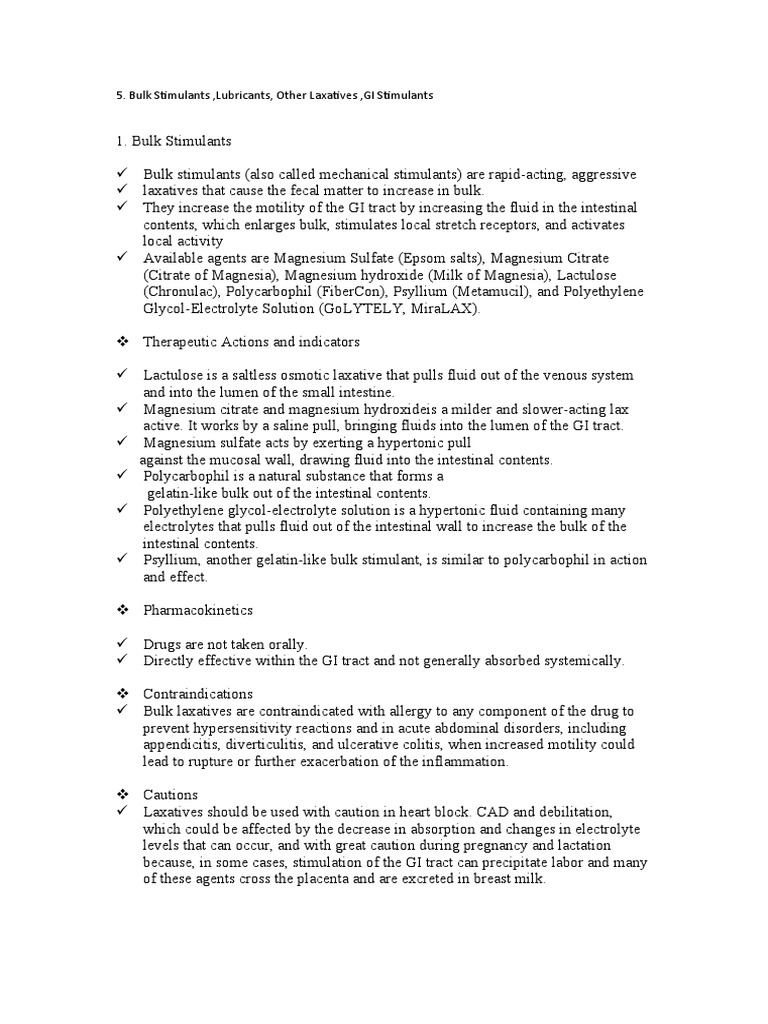 Bulk Stimulants Lubricants Other Laxatives GI Stim | PDF ...