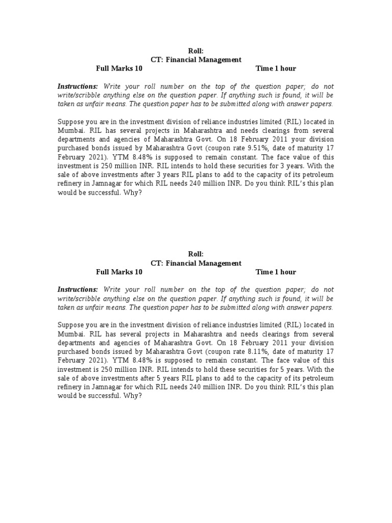 Instructions: Write Your Roll Number On The Top of The Question Paper ...