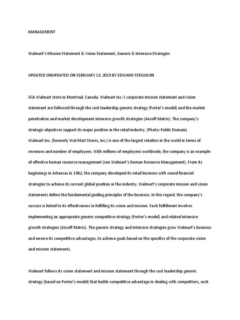 MANAGEMENT Walmart Sample 2 | PDF | Walmart | Strategic Management