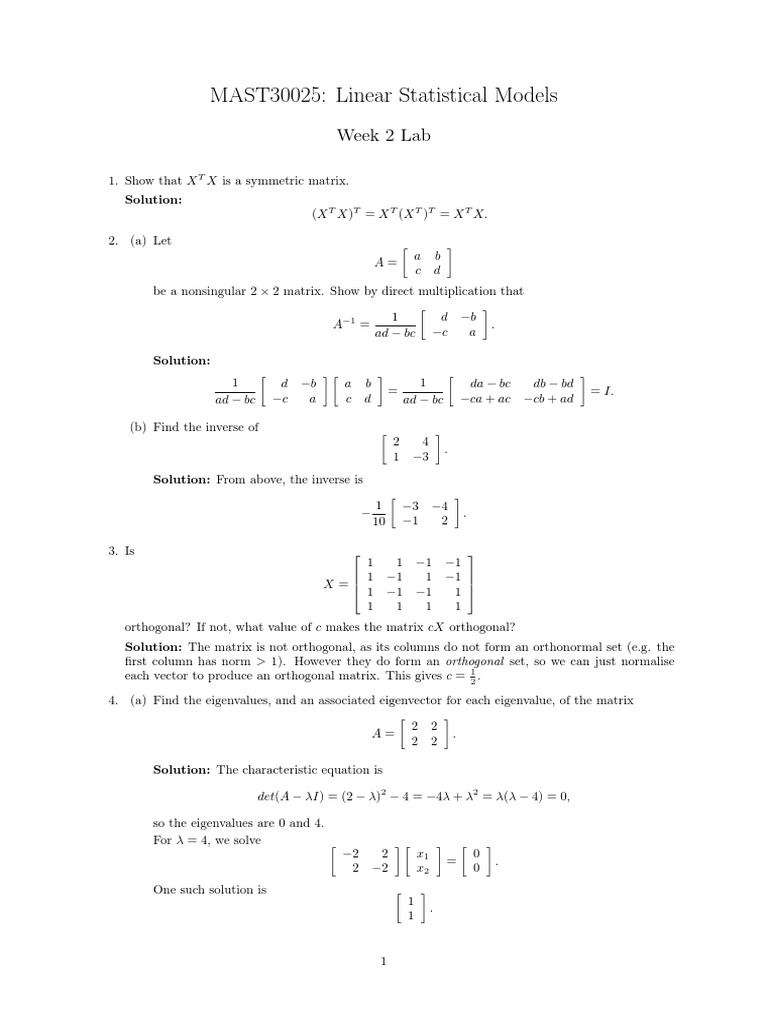 MAST30025: Linear Statistical Models: Week 2 Lab | Download Free PDF ...