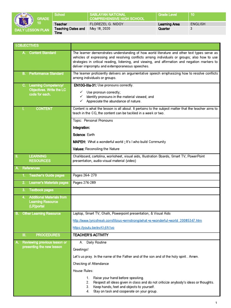 Lp For Cot 3 Pdf Learning Word