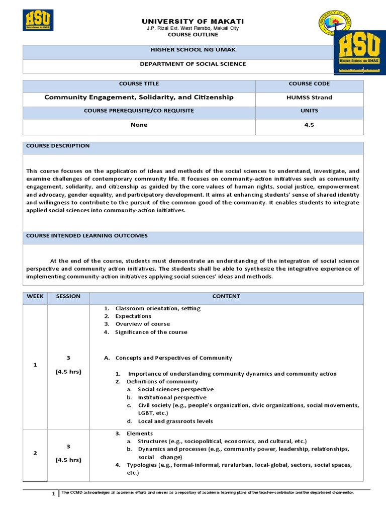 Community Engagement Course Outline | PDF | Social Science | Community