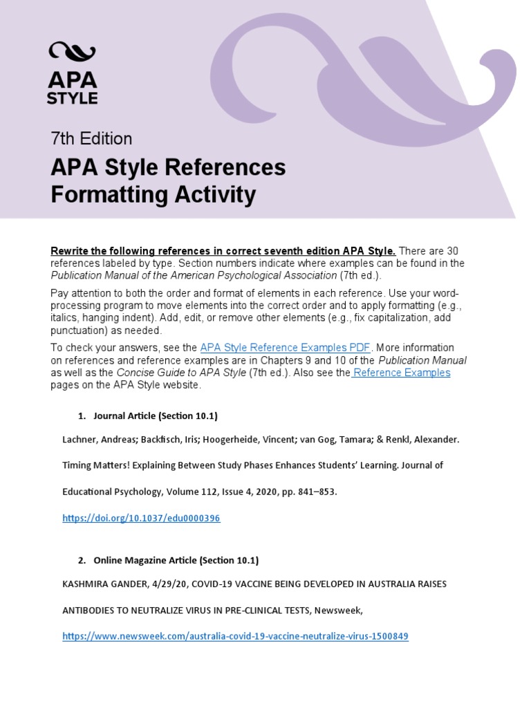 References Formatting Activity | PDF | American Psychological ...