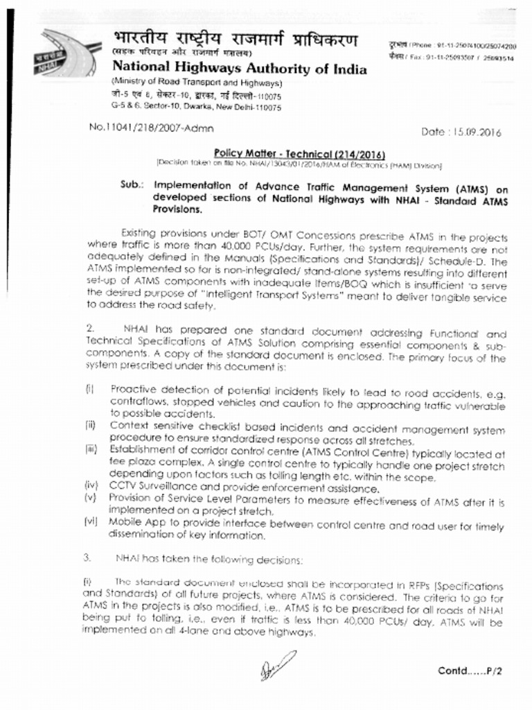 NHAI-ATMS Policy Circular | PDF