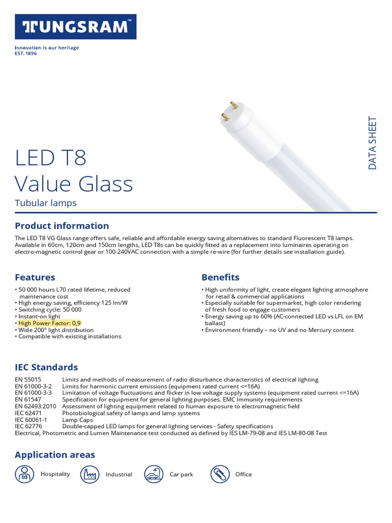 Tungsram LED T8 VG Glass DataSheet SA EN | PDF | Fluorescent Lamp ...