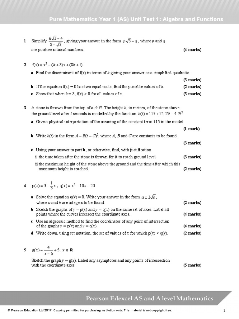 Pure Mathematics Year 1 (AS) Unit Test 1: Algebra and Functions | PDF ...