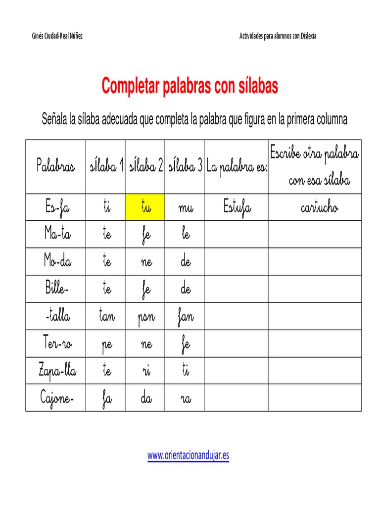 Actividades de completar sílabas para dislexia | PDF