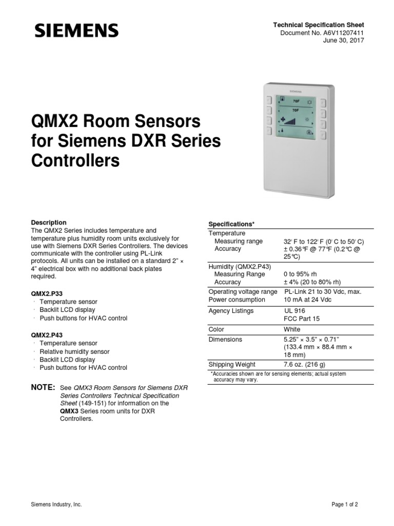 QMX2 Room Sensors For Siemens DXR Series Controllers: Technical ...