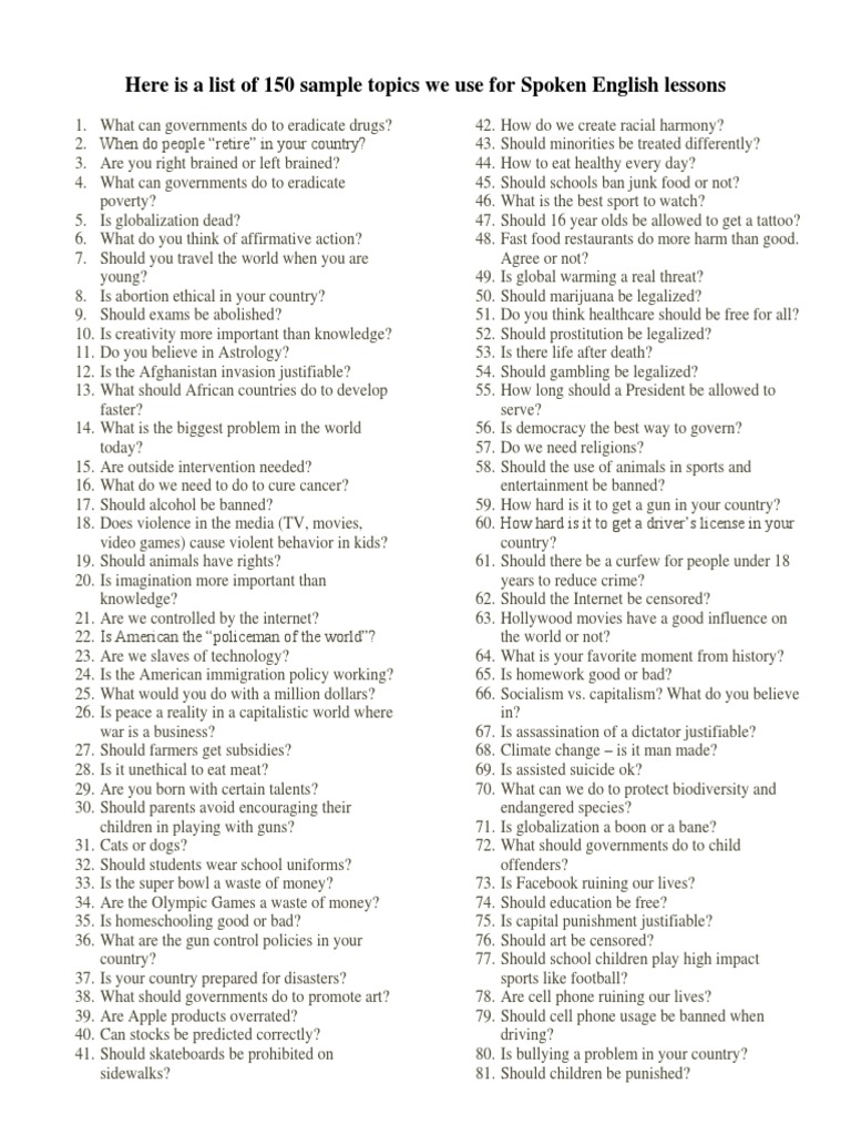 150 Spoken English Topics List | PDF | Violence | Crime Thriller