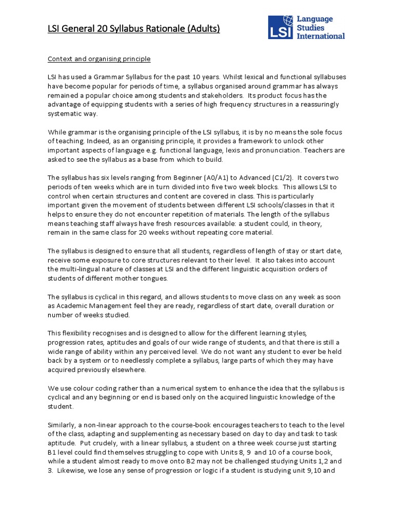 Syllabus Rationale For Adult Courses | PDF | Teachers | Lesson Plan