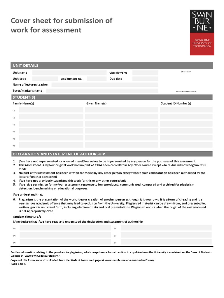 Cover Sheet For Submission of Work For Assessment: Unit Details | PDF | Plagiarism | Communication