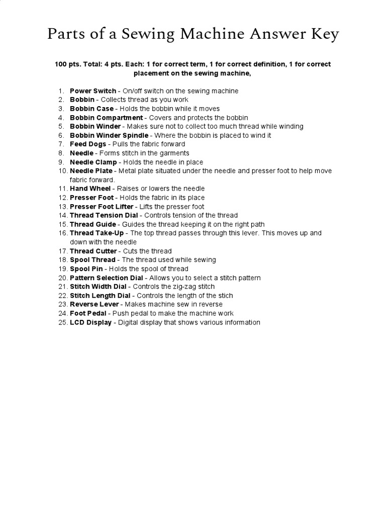 Parts of A Sewing Machine Answer Key | PDF