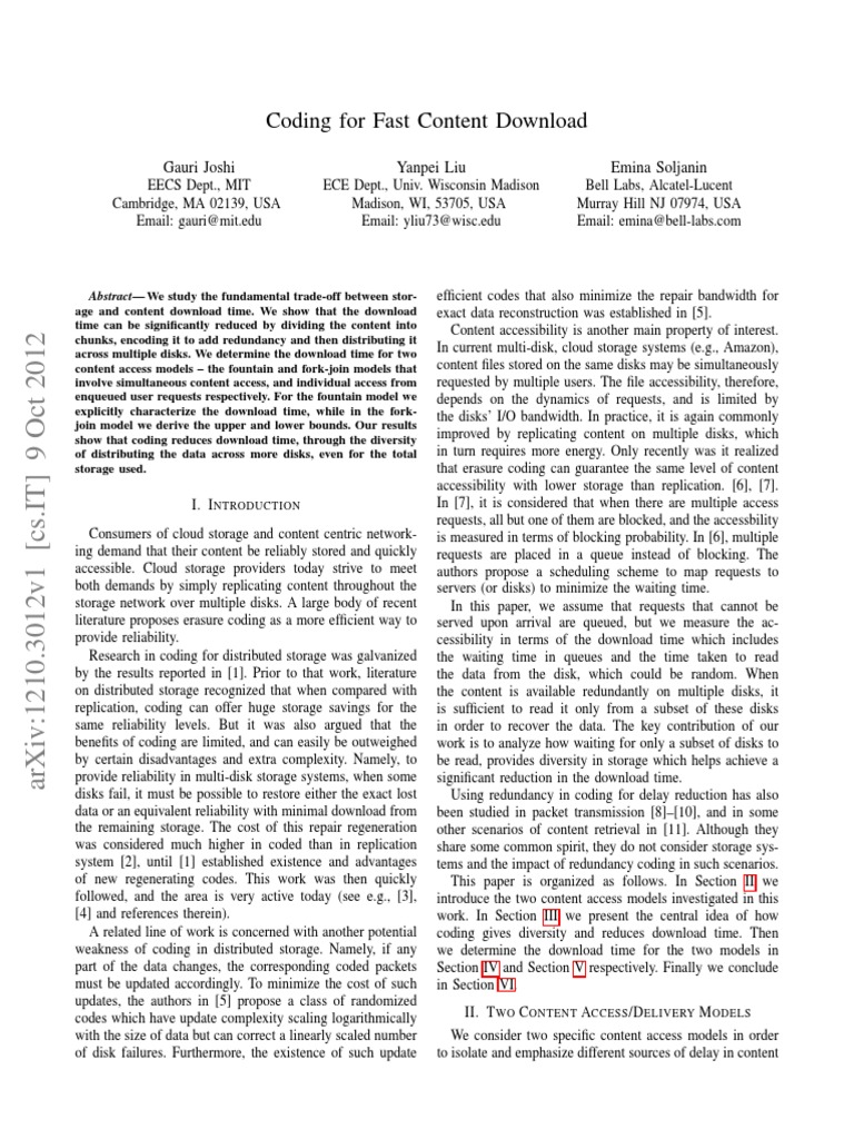 Coding For Fast Content Download: Gauri Joshi Yanpei Liu Emina Soljanin | PDF | Replication ...