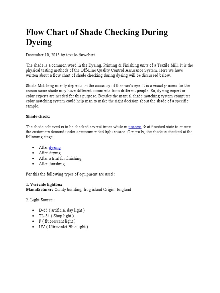 Shade Checking Flow Chart for Dyeing | PDF | Ultraviolet | Dyeing