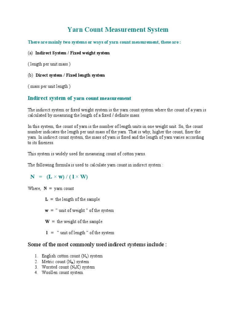 Yarn Count Measurement Systems Explained | PDF | Pound (Mass) | Units ...
