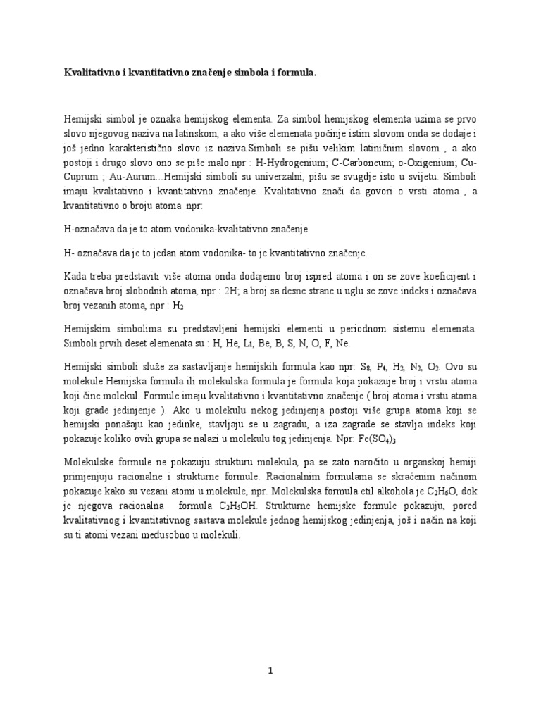Kvalitativno I Kvantitativno Znacenje Simbola I Formula | PDF
