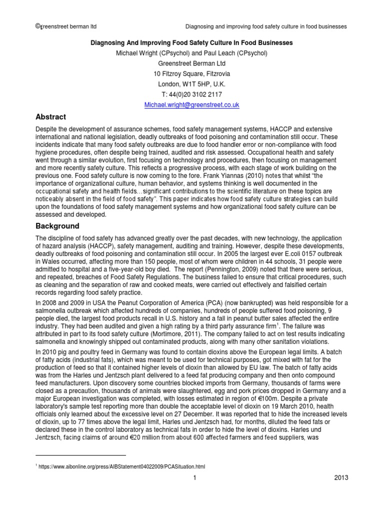 11 July 2013 - Food Safety Culture Paper | PDF | Safety | Food Safety