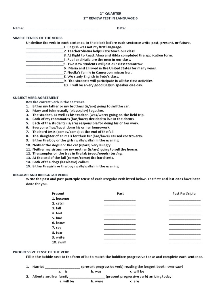 2 Quarter 2 Review Test in Language 6: ND ND | PDF | Verb | Grammatical ...