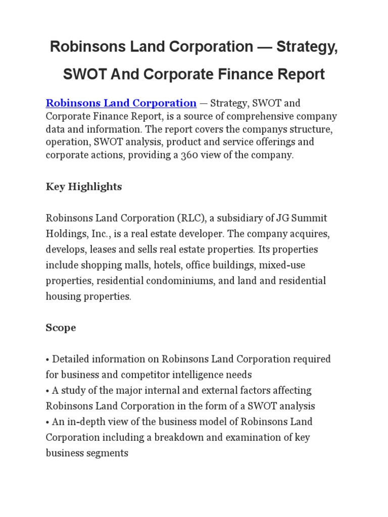 Robinsons Land Corporation - Strategy, SWOT and Corporate Finance ...