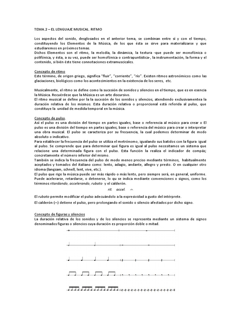 Musica - Tema - 2 - El Lenguaje Musical - Ritmo | PDF | Ritmo | Tempo