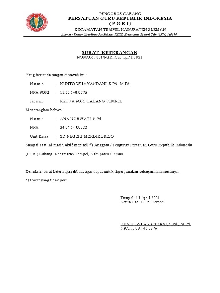 Surat Keterangan PGRI | PDF