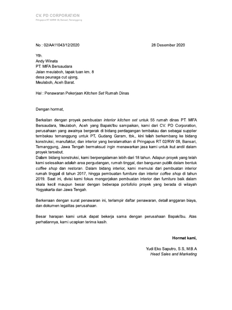 Surat Penawaran Kitchen Set Rumah Dinas PT MIFA Bersaudara | PDF
