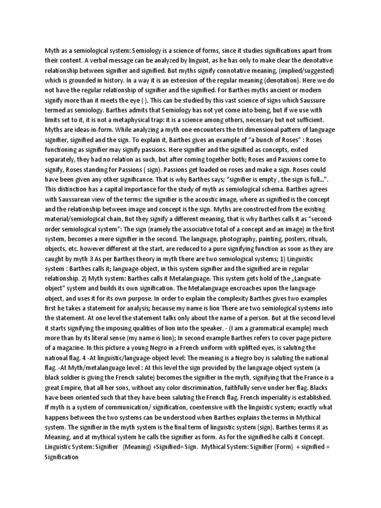Myth As A Semiological System | PDF | Semiotics | Philosophical Theories