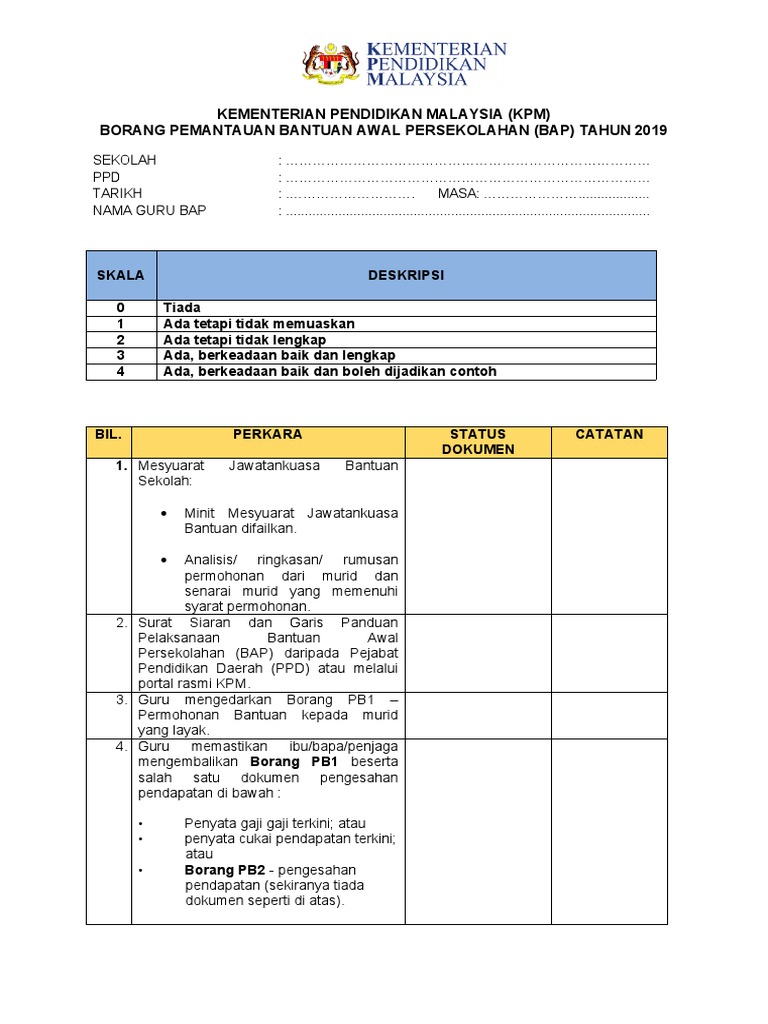 Borang Pemantauan Bap 2019 Pdf