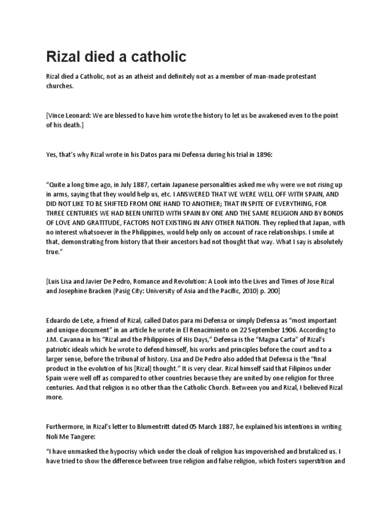 Rizal Died A Catholic | PDF | Philippines | Manila